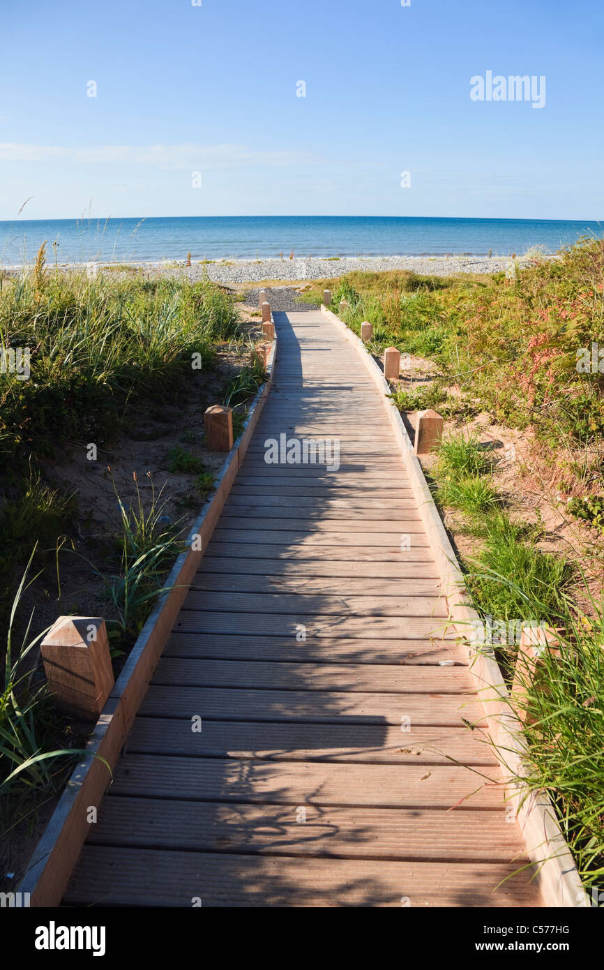 Wooden boardwalk path leading to a beach in Red Wharf Bay. Llanddona ...