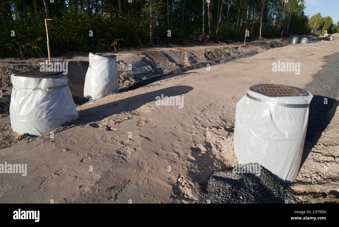 Drainage wells and pipeline under construction , Finland Stock Photo ...