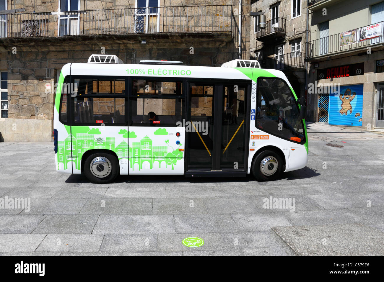 Electric bus in Casco Vello historic centre , Vigo , Galicia , Spain ...