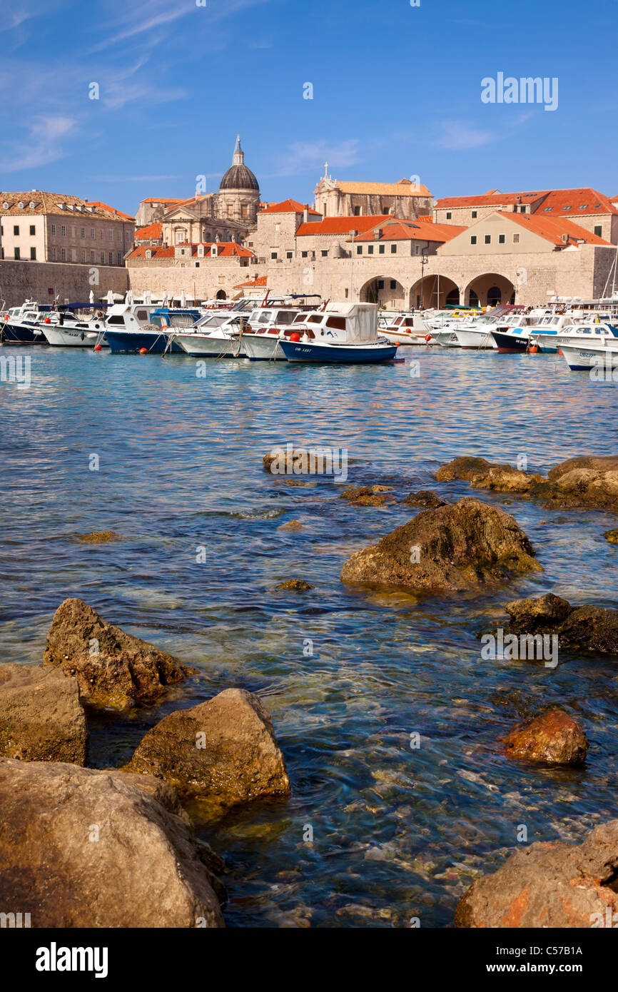 The tiny harbor and orange roofs of Dubrovnik, Dalmatia Croatia Stock ...