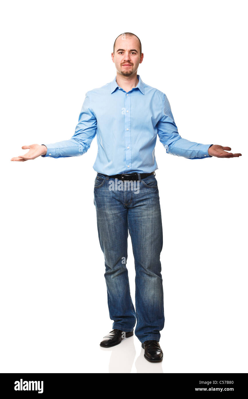 standing businessman open arms on white background Stock Photo - Alamy