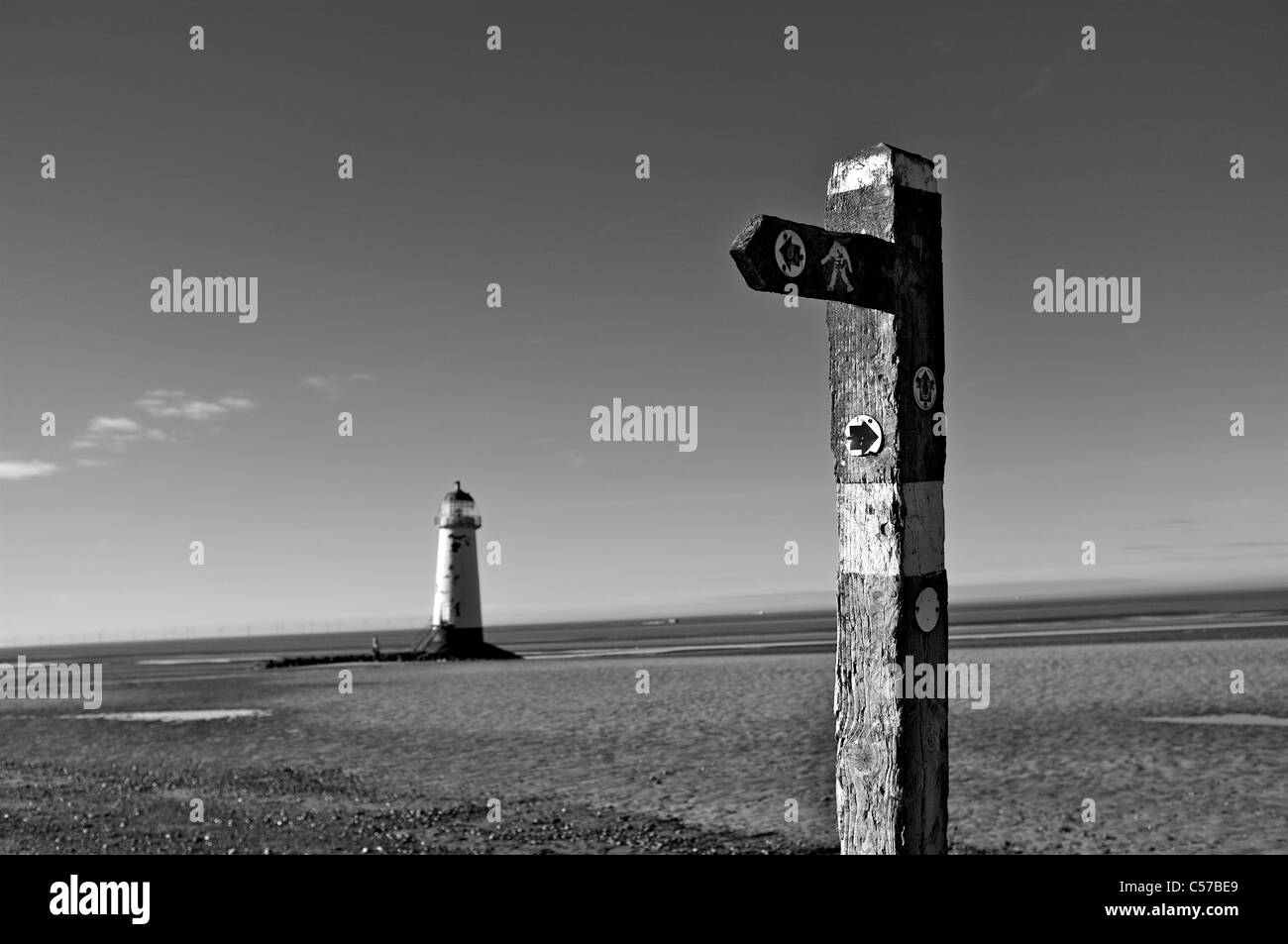 Signpost on Talacre Beach, Wales Stock Photo - Alamy