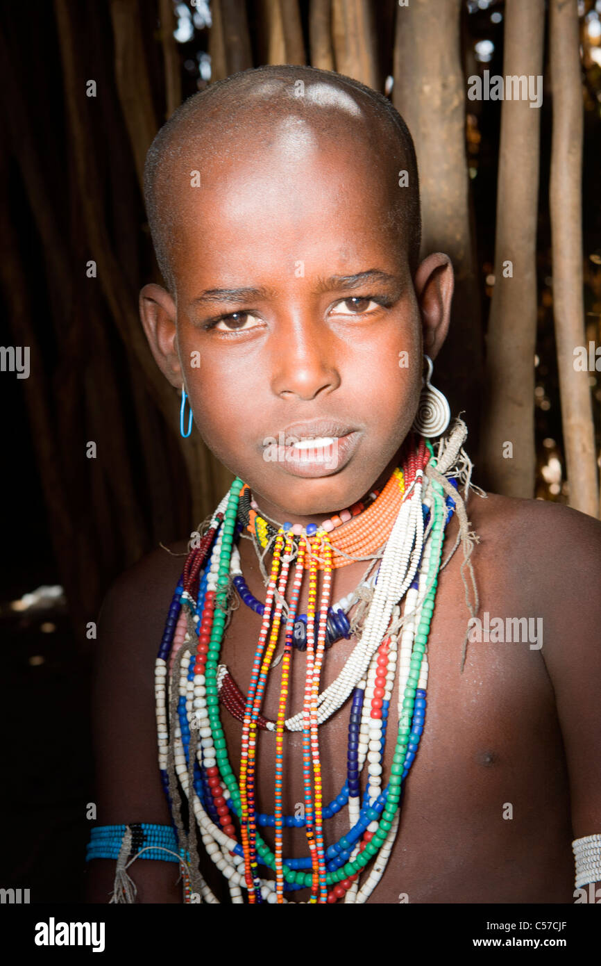 Portrait of a Arbore girl at a tribal village in the Lower Omo Valley ...