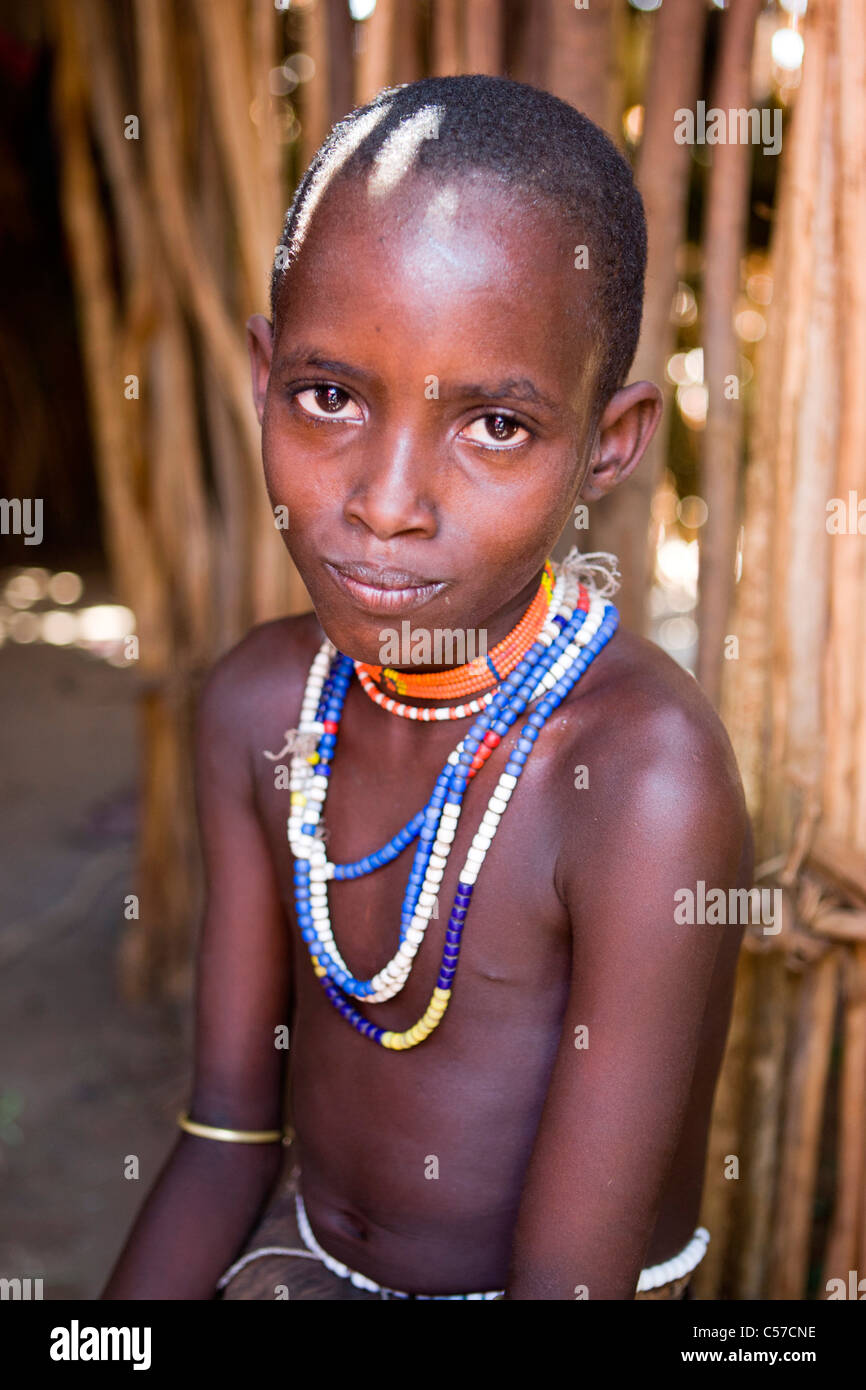 Portrait of a Arbore child at a tribal village in the Lower Omo Valley ...