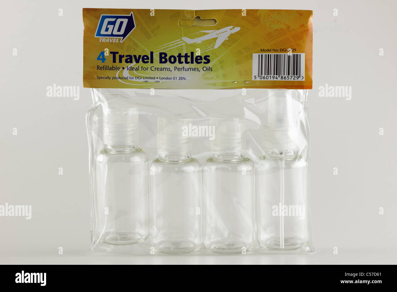 Four refillable plastic travel bottles by Go Travel Stock Photo - Alamy