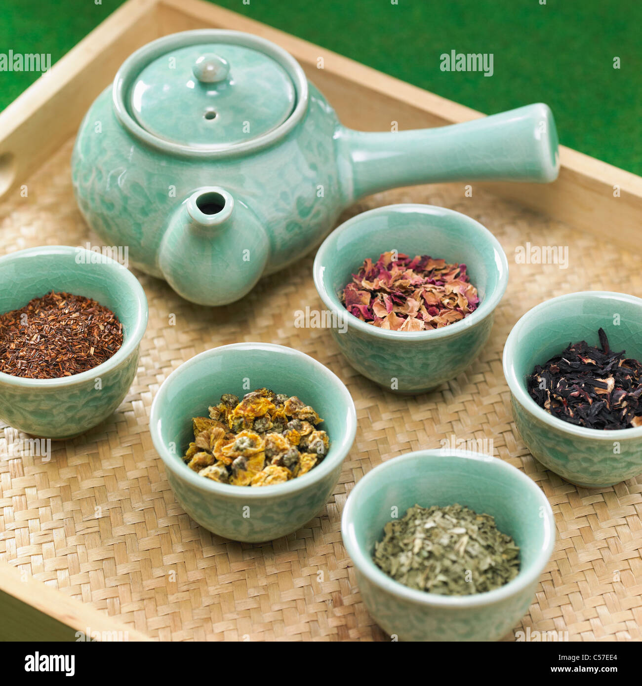 herb tea leaf and tea ware Stock Photo - Alamy