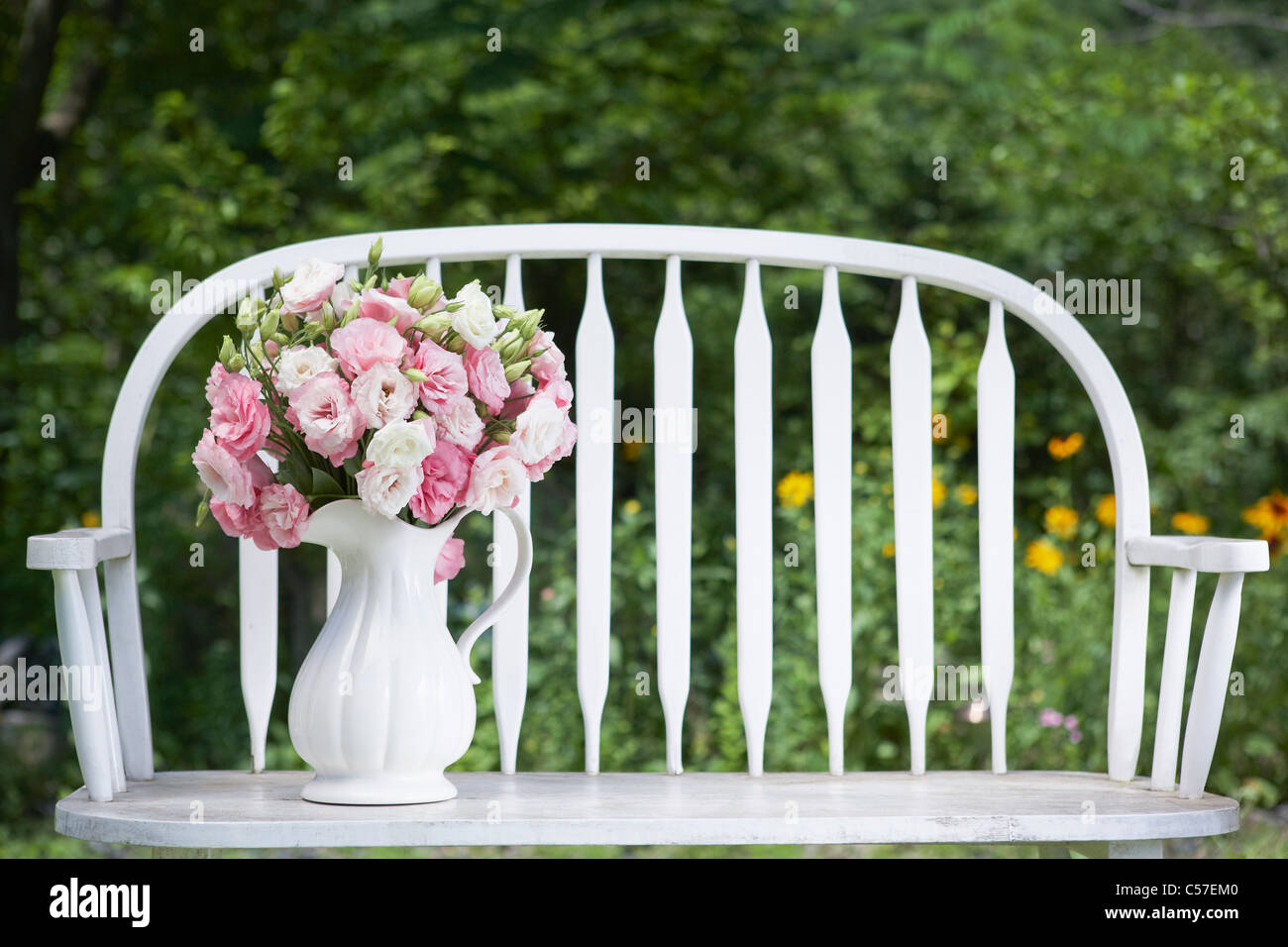 flower bouquet on bench Stock Photo - Alamy