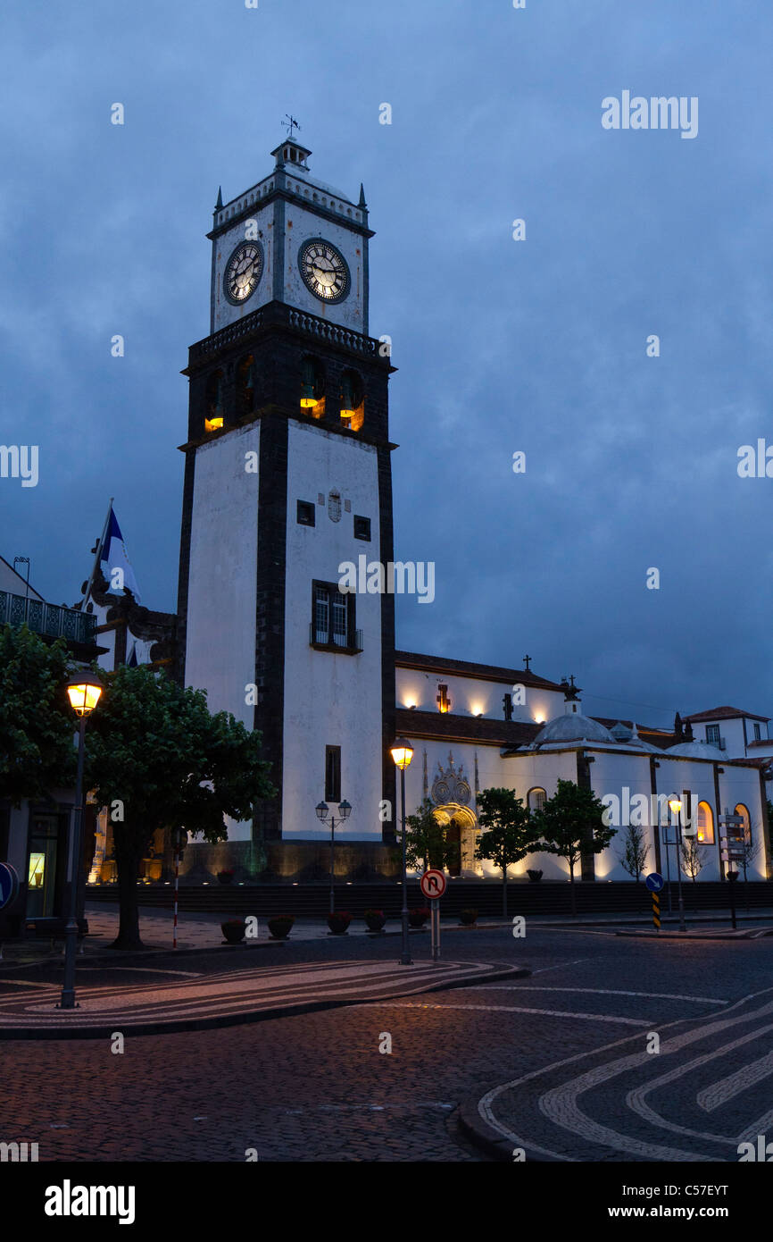 Evening view of main church (Igreja Matriz) of Ponta Delgada, São ...
