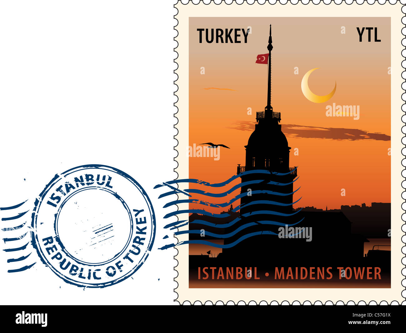 Postmark with night sight of the Maidens Tower in Istanbul against ...