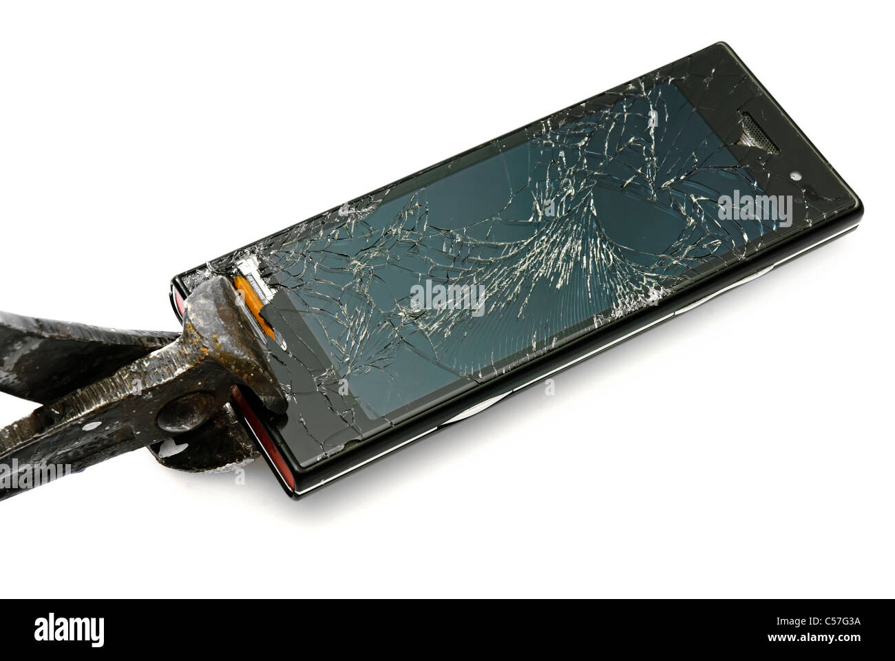 New smart phone smashed by a old pincers. Studio photo, isolated on ...