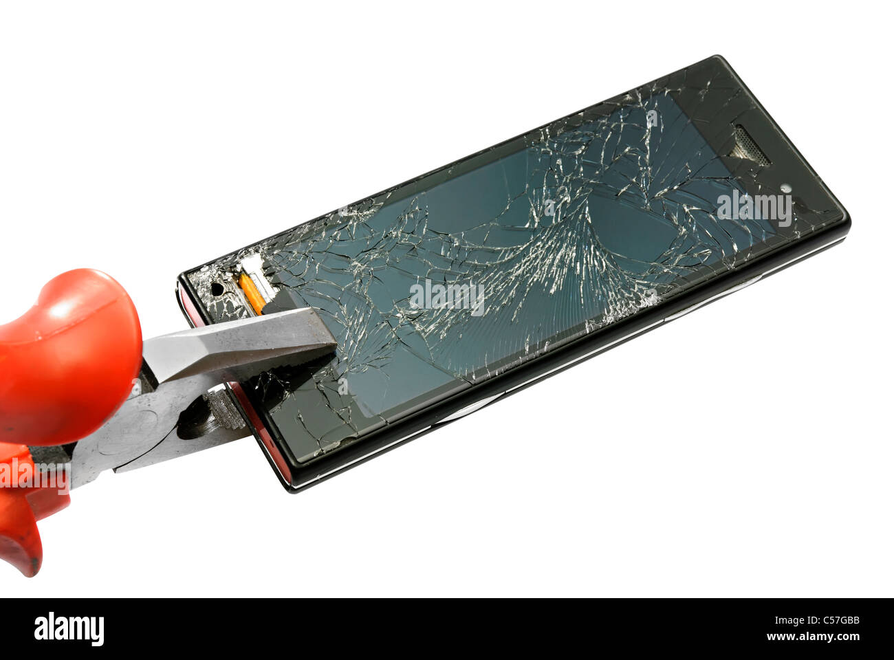 New smart phone destroy by a good pincers. Studio photo, isolated on ...
