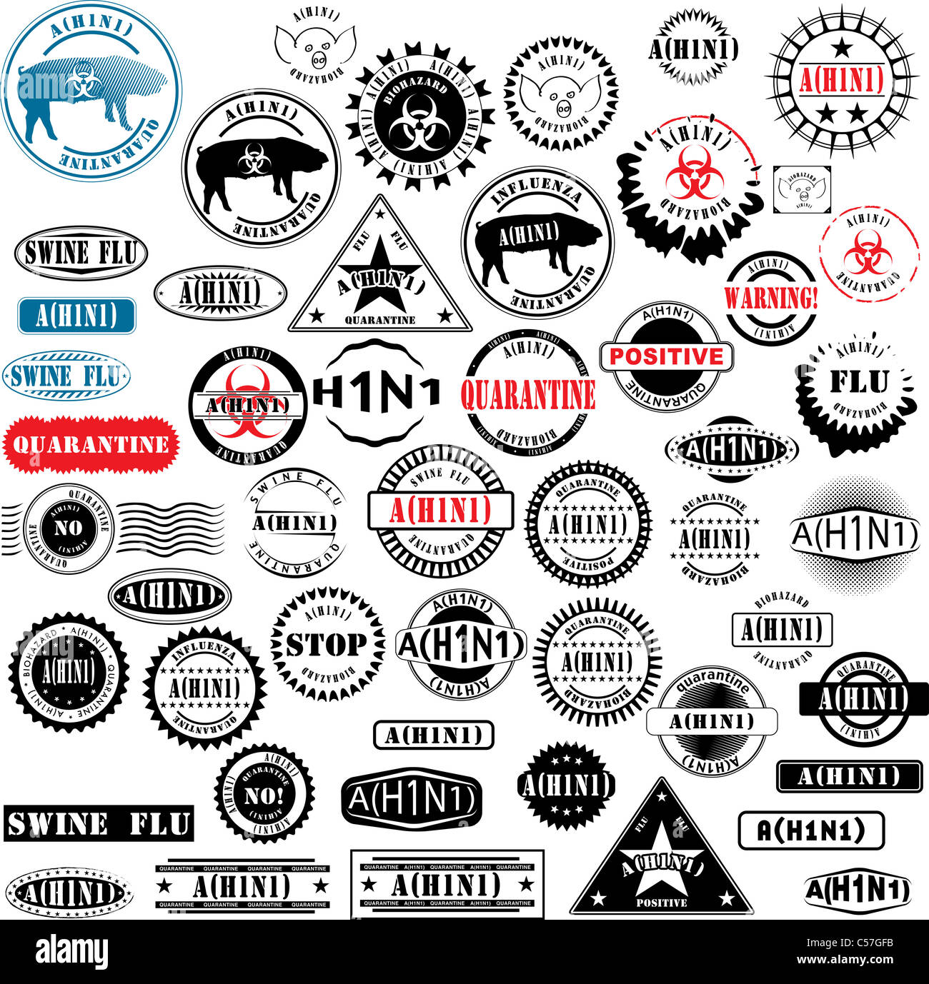 Collection of rubber stamps about A(H1N1) flu. See other rubber stamp ...
