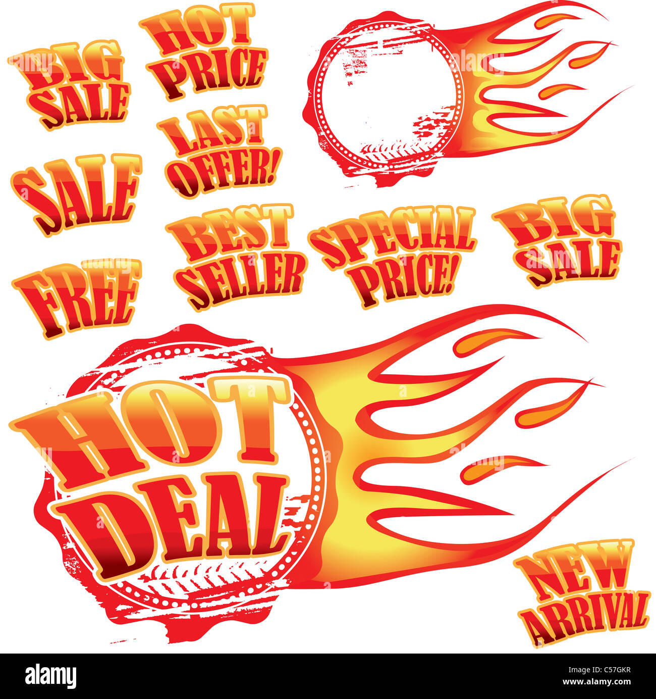 Set of hot vector sale stickers and rubber stamp with flames Stock ...