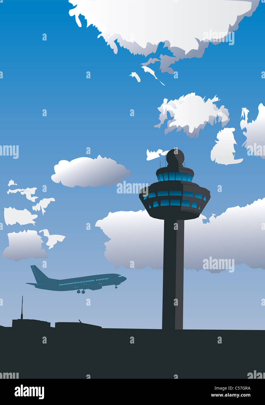 Vector illustration of airport control tower and flying airplane Stock ...