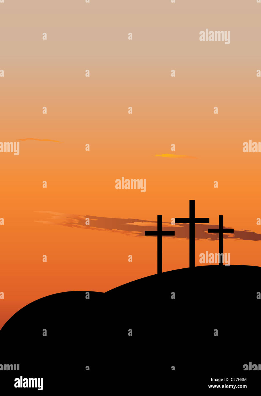 Hill with three crosees. Symbol of Golgotha, or Calvary, the hill on ...