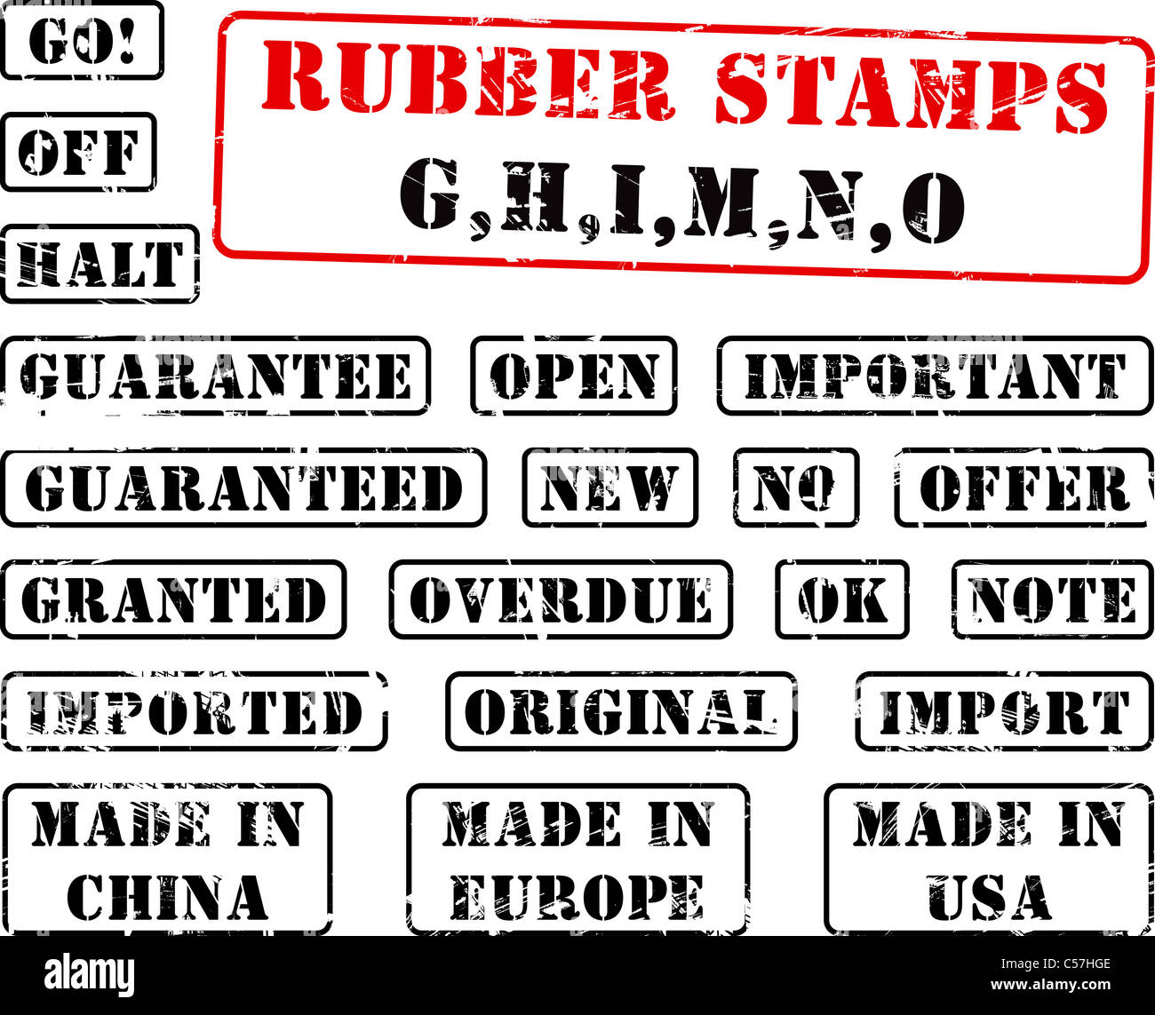Collection of rubber stamps with words begining with letter G, H, I, M ...