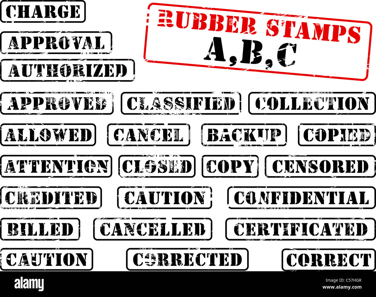 Collection of rubber stamps with words beginning with letter A, B, C ...