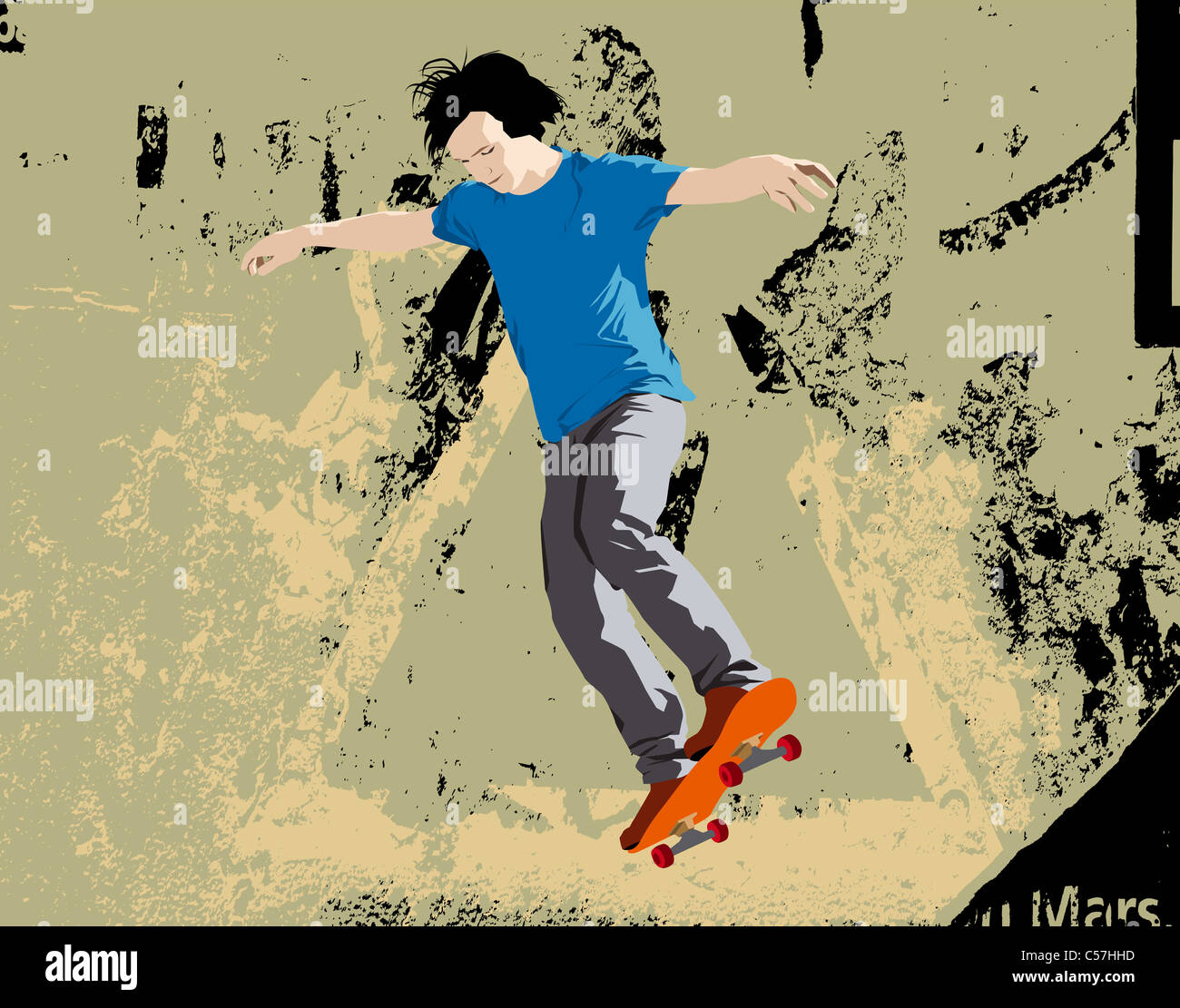 Young skateboarder jumping. Vector illustration with grunge background ...