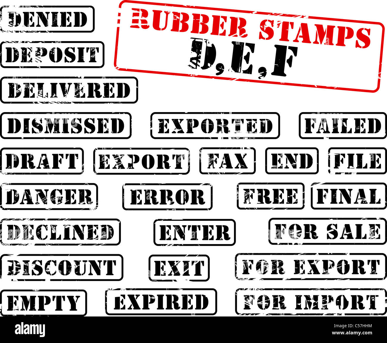 Collection of rubber stamps with words begining with letter D, E, F ...