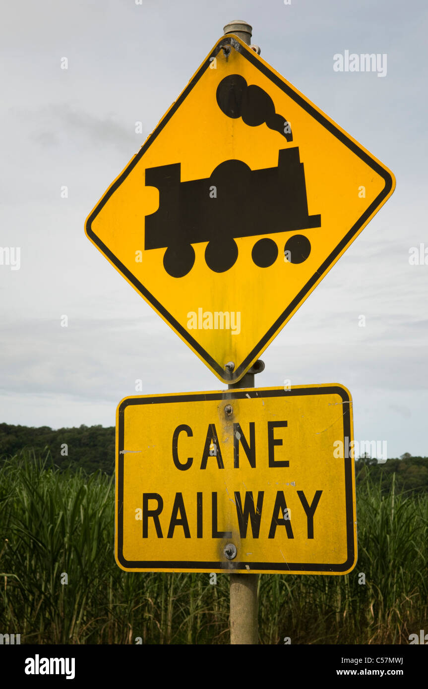 Cane railway sign in front of a sugar cane field in Queensland ...