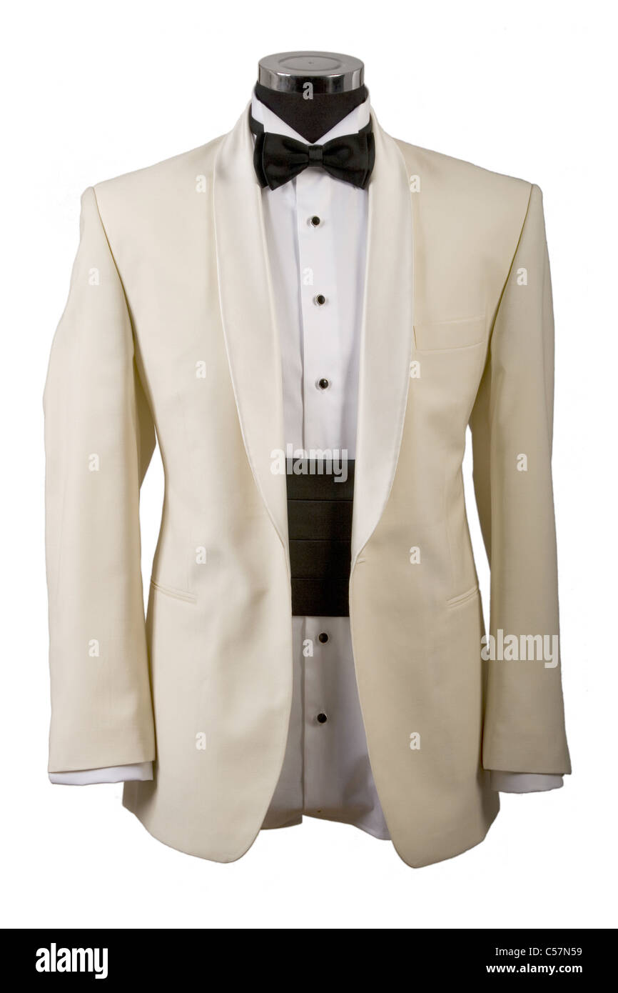 beige tuxedo, white shirt and black bow tie Stock Photo - Alamy