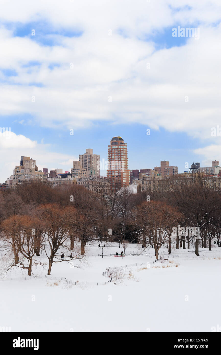 New York City Manhattan Central Park in winter with snow and city ...