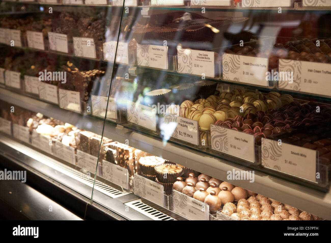 display of chocolates in rocky mountain chocolate shop store in niagara ...