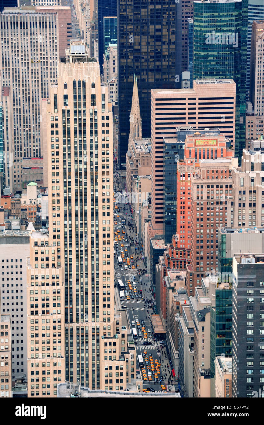 New York City Manhattan street aerial view with skyscrapers, pedestrian ...