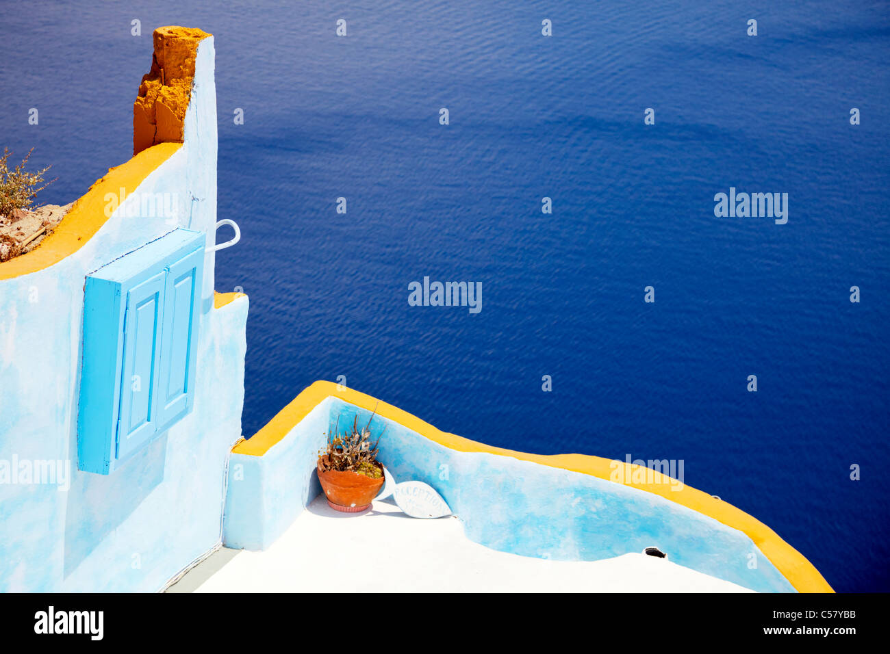 Oia, Santorini, Greek Island, Greece, broken blue wall against the sea ...