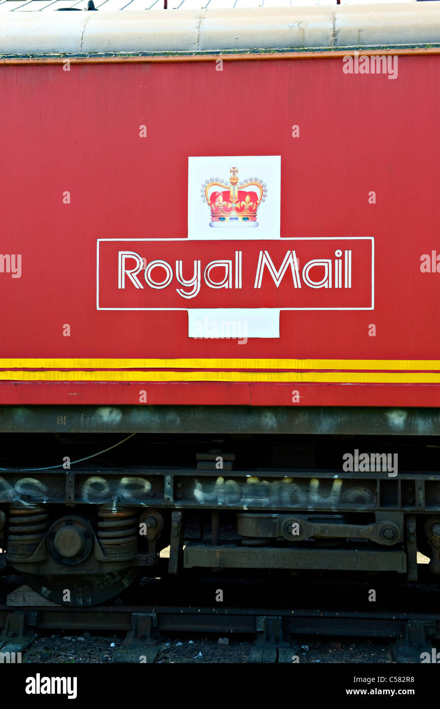 Royal Mail logo on the side of a scrapped mail train railway coach ...