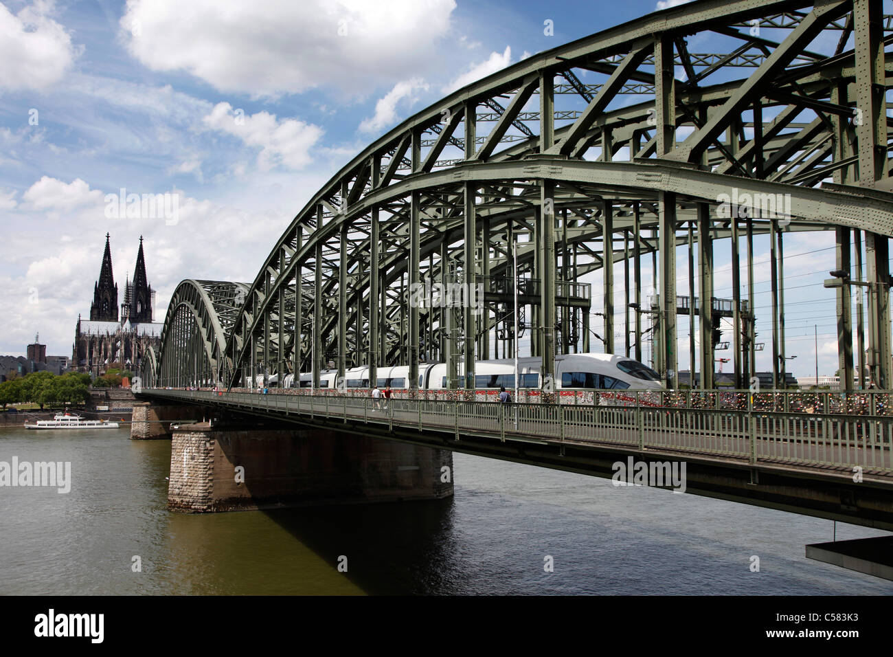 Skyline of Cologne, Germany. River Rhine, Hohenzollern railway bridge ...