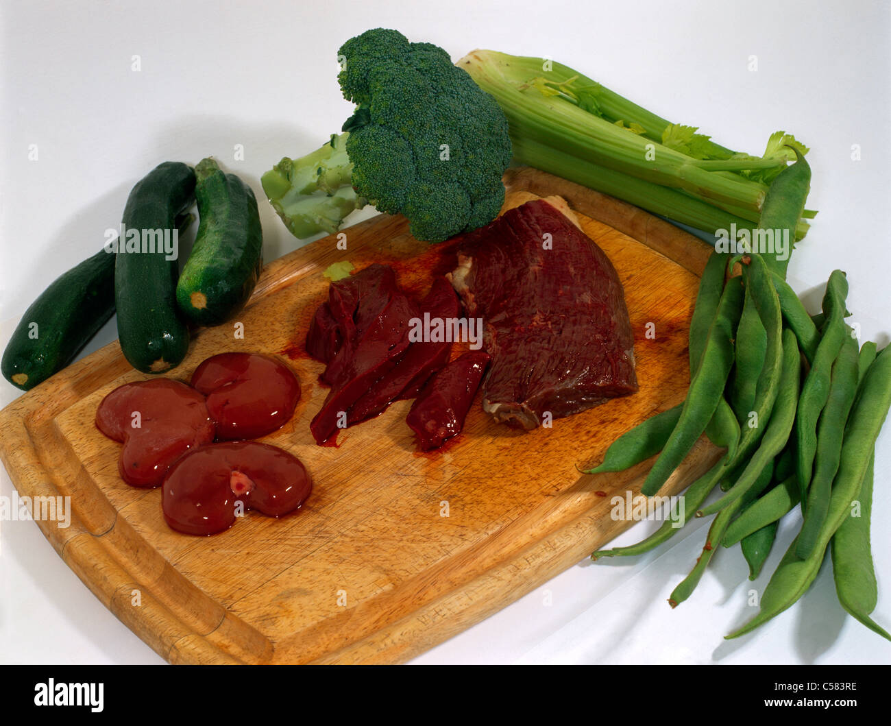 Foods Rich In Iron Meat Offal & Green Vegetables Stock Photo - Alamy