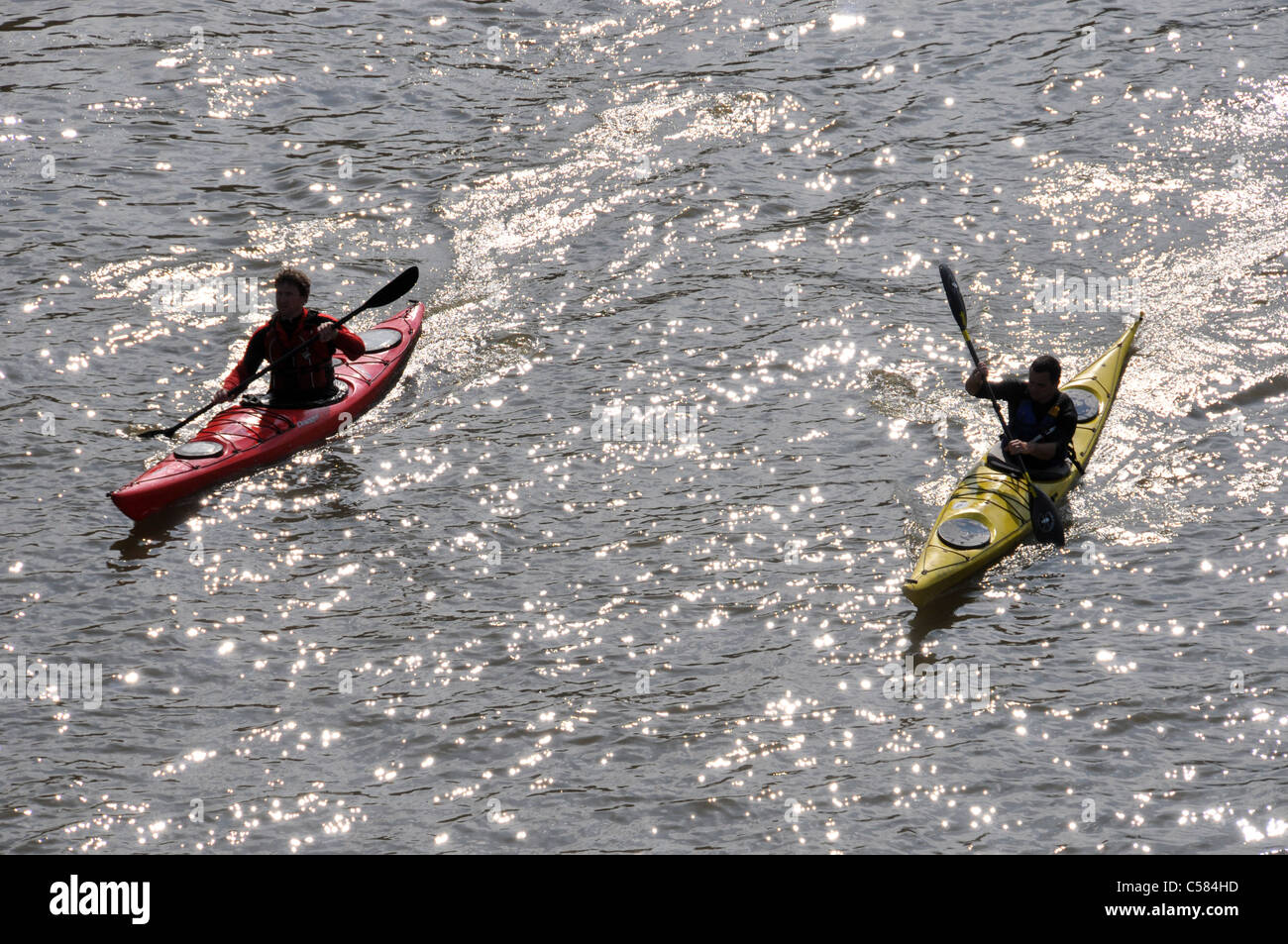 Canoeists Canoes London Thames paddling sunshine river reflections ...