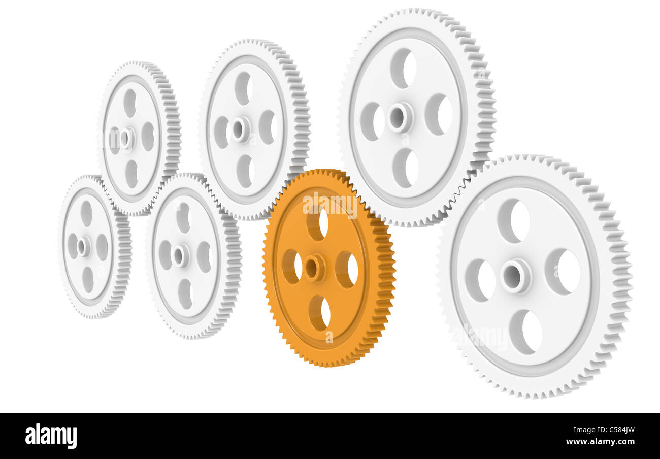 7X Gears, one Orange. Isolated Stock Photo - Alamy