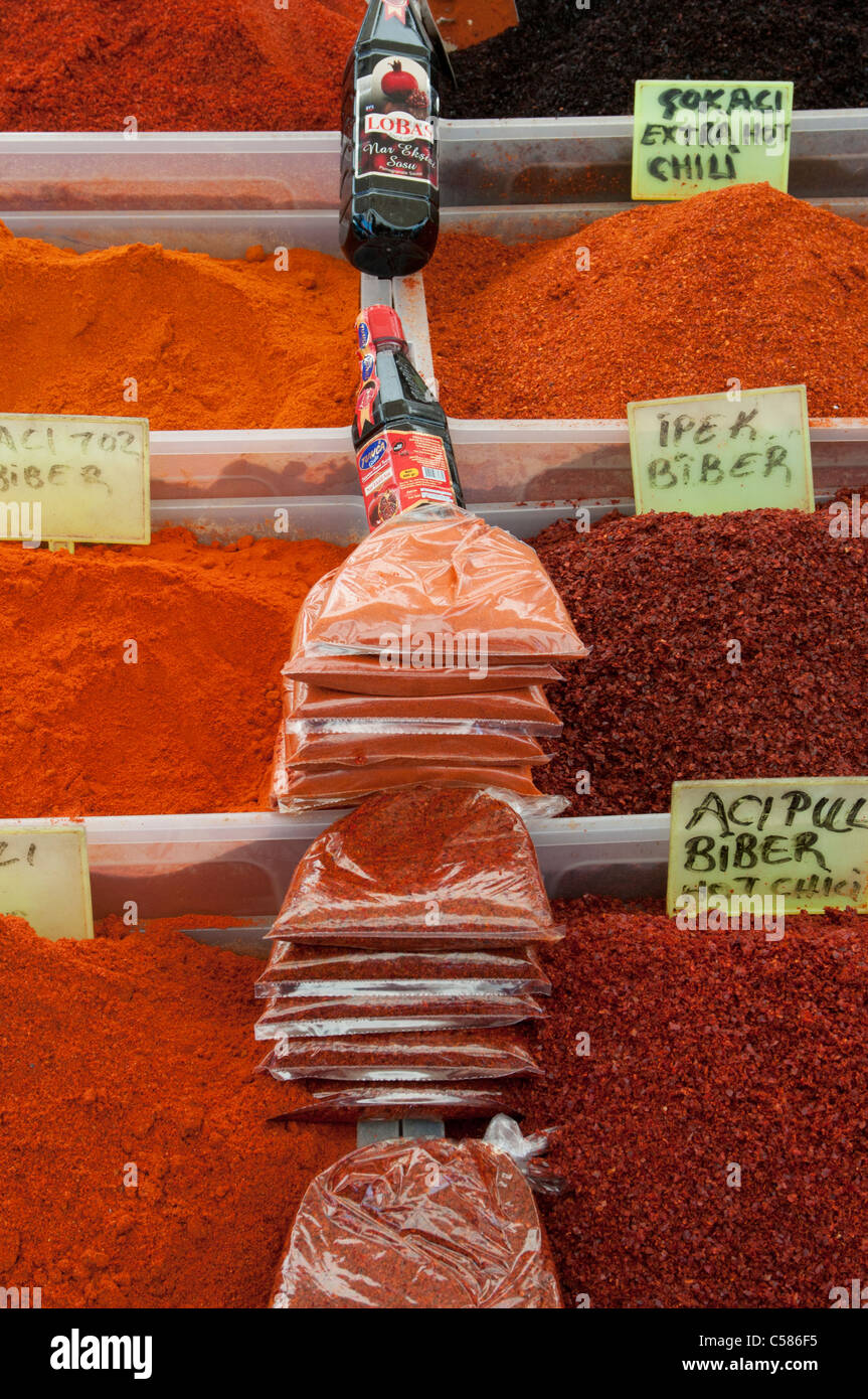 Varieties of chilli pepper displayed in the weekly market, Selcuk ...