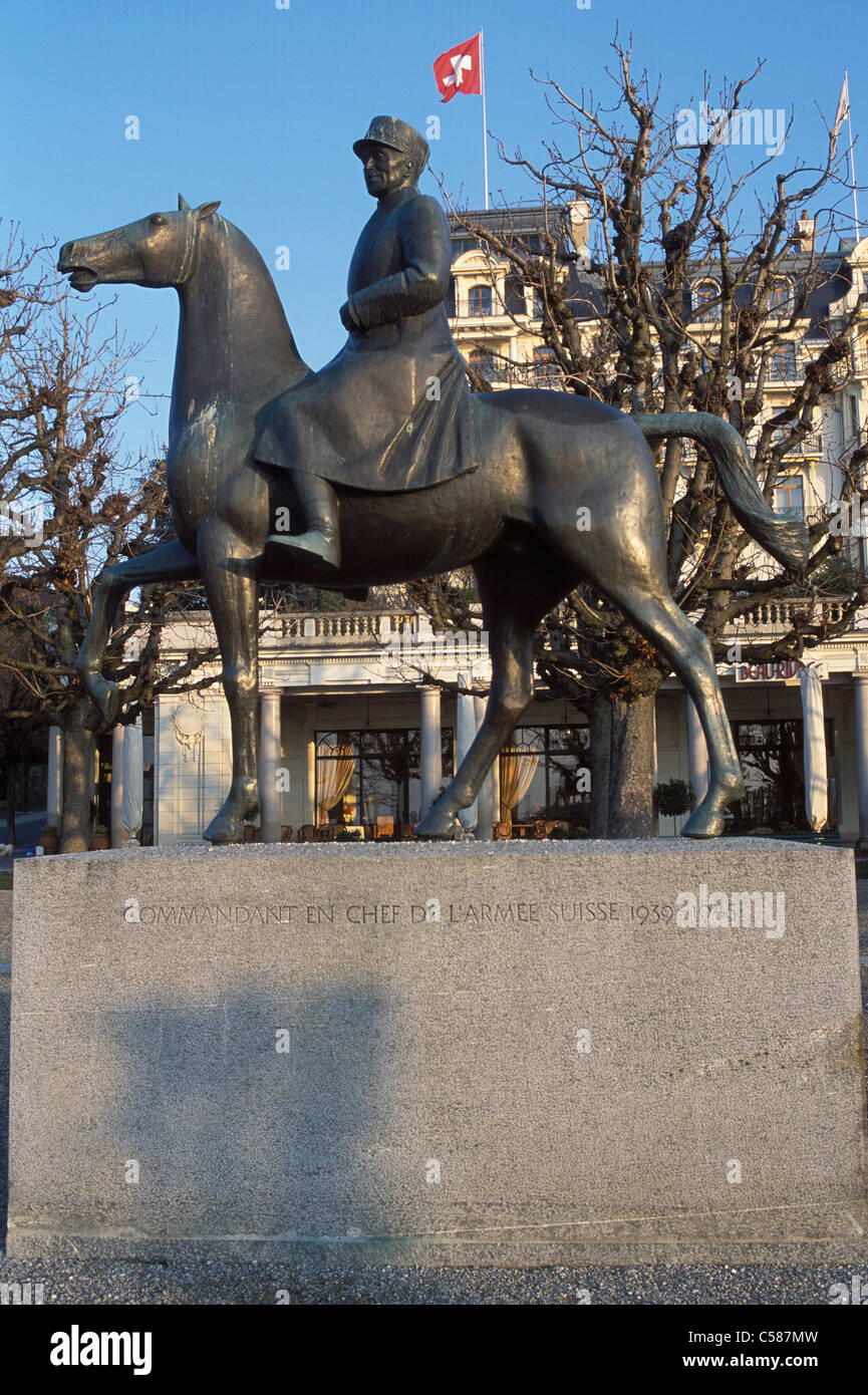 Switzerland, Europe, summer, town, city, Lausanne, Vaud, flag, statue ...