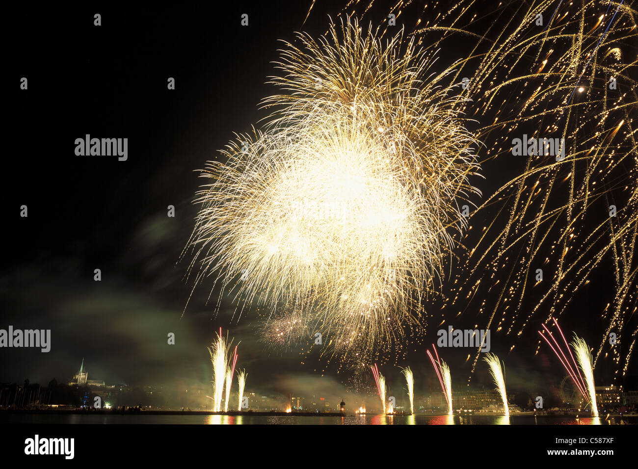 Switzerland, Europe, town, city, summer, fireworks, Genève, Geneva ...