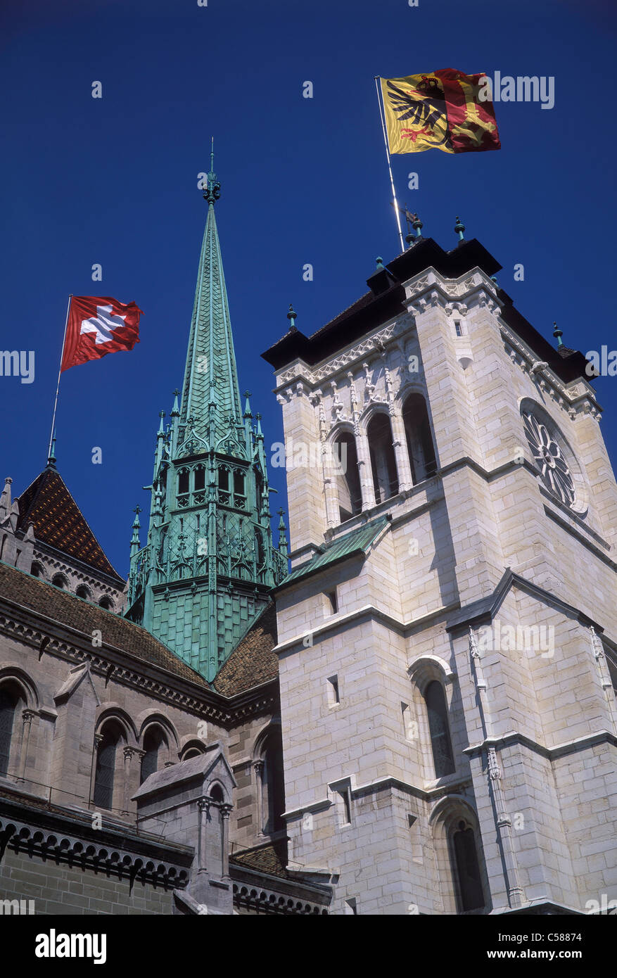 Switzerland, Europe, cathedral, town, city, Genève, Geneva, flag ...