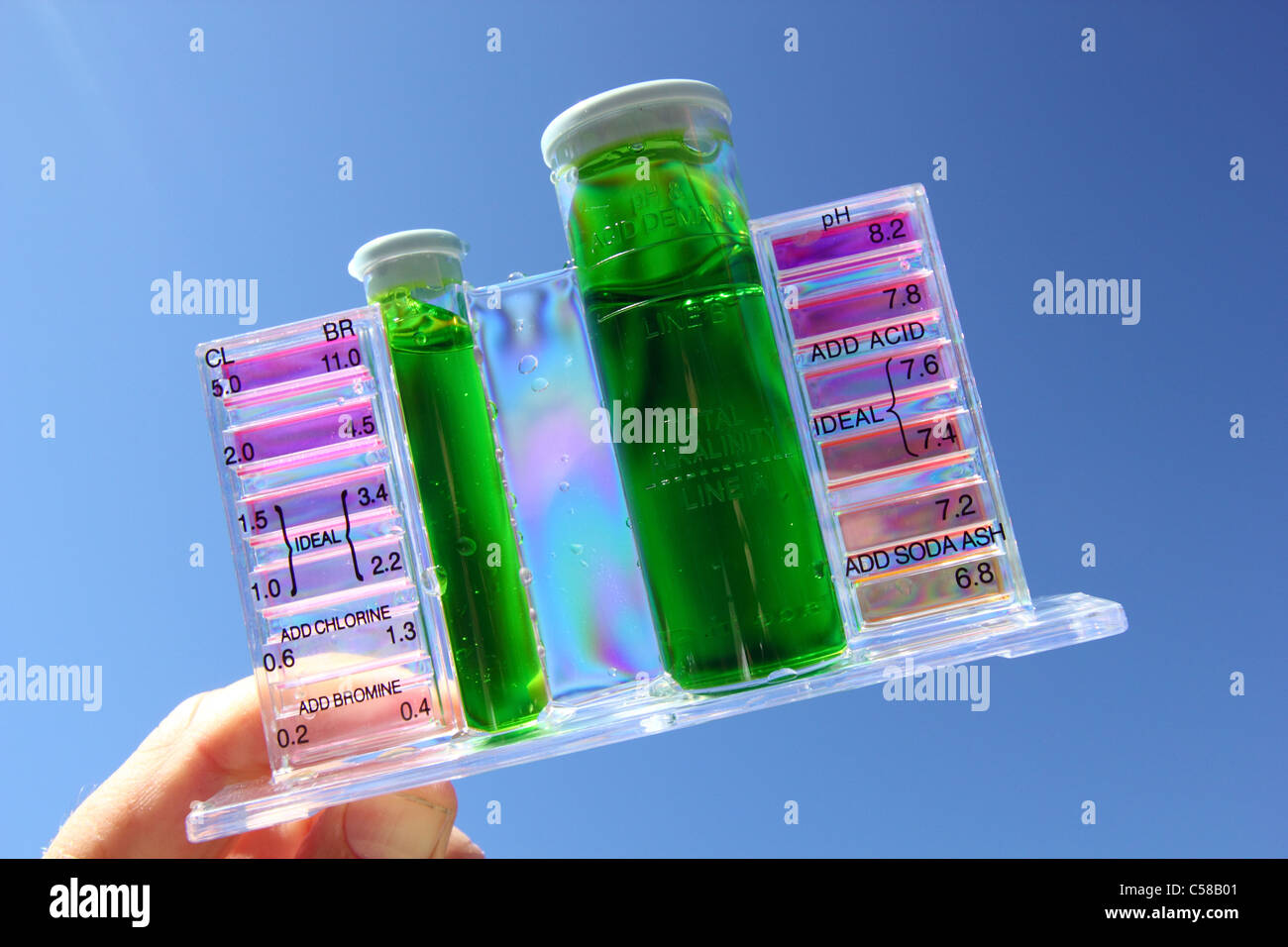 SAMPLE OF SLIMY GREEN WATER IN A POOL TEST KIT BLUE SKY AND POOLSIDE ...
