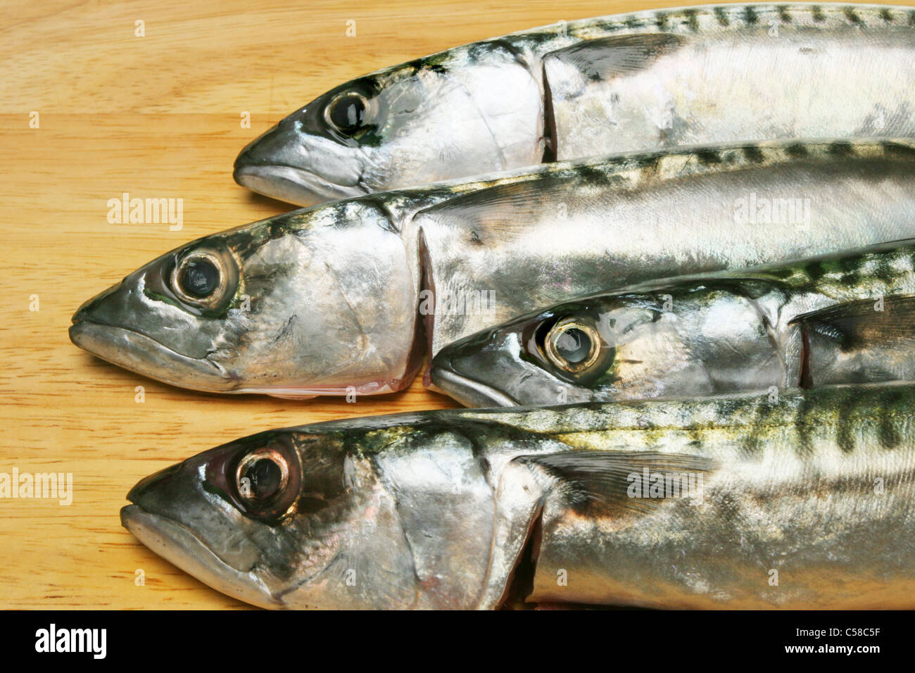Closeup of mackerel heads on a wooden board Stock Photo - Alamy