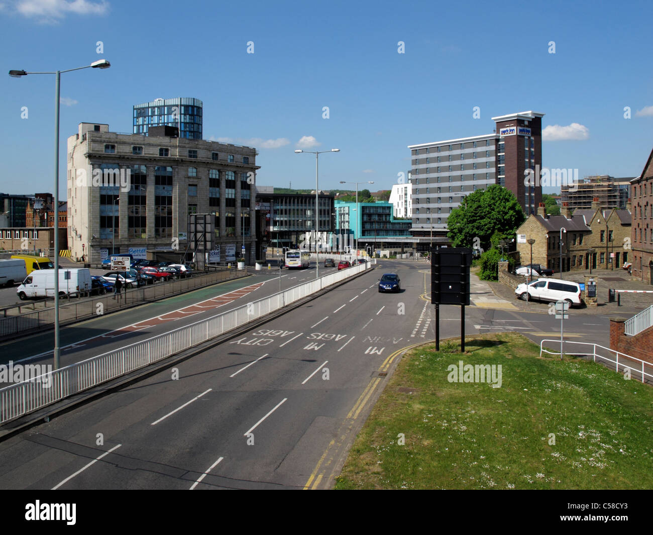 Roads and buildings in Sheffield City center in South Yorkshire ...