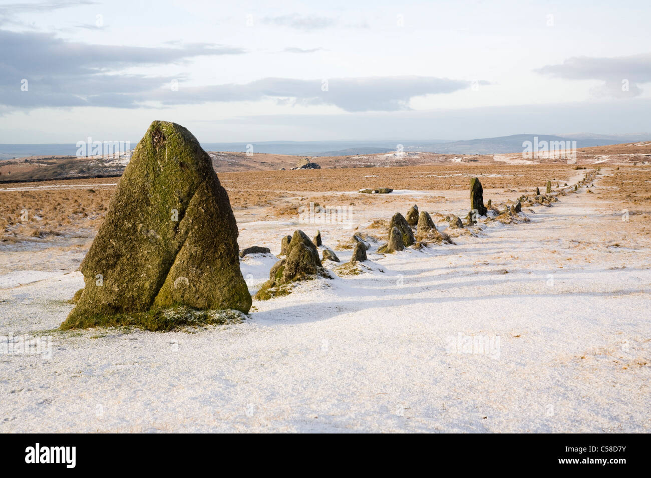 Merrivale Stone Row in the snow on Dartmoor, Devon, England Stock Photo ...