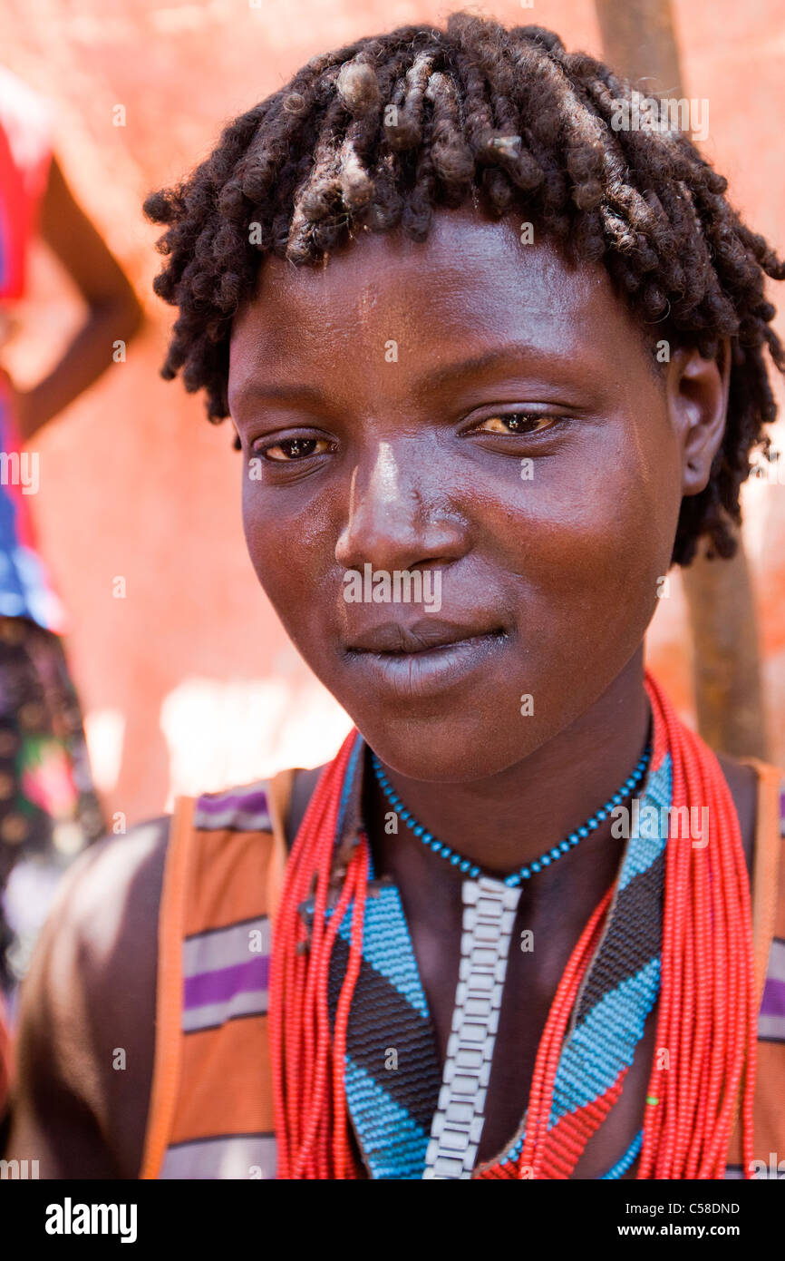 Portrait of a Tsemay tribeswoman at the market at Weyto, Lower Omo ...