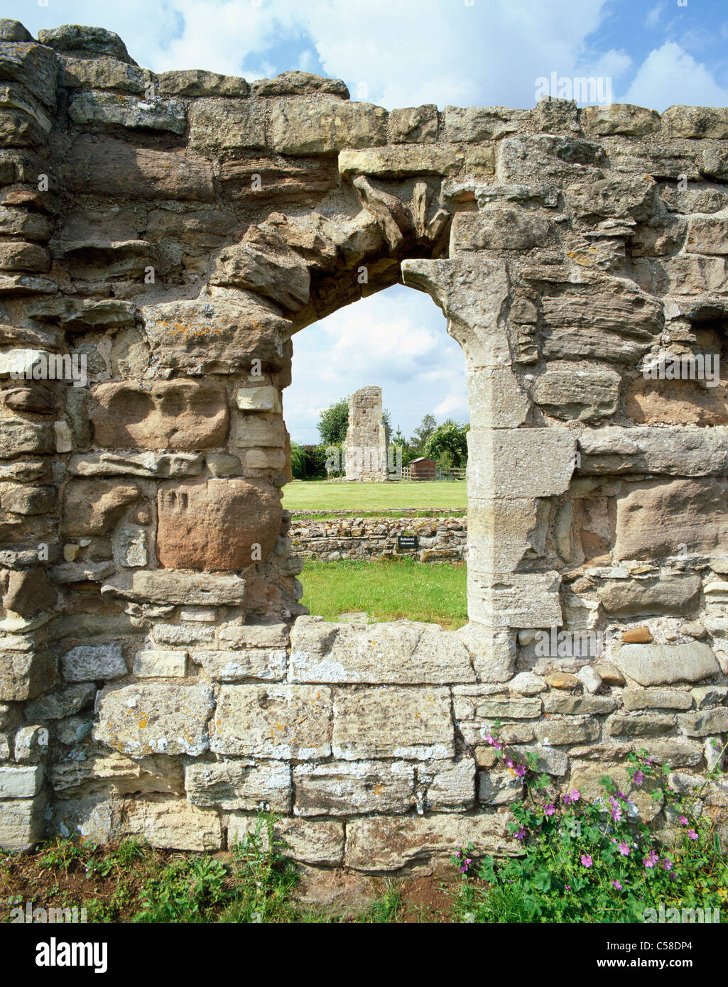 Mattersey Priory. View looking through refectory window towards church ...