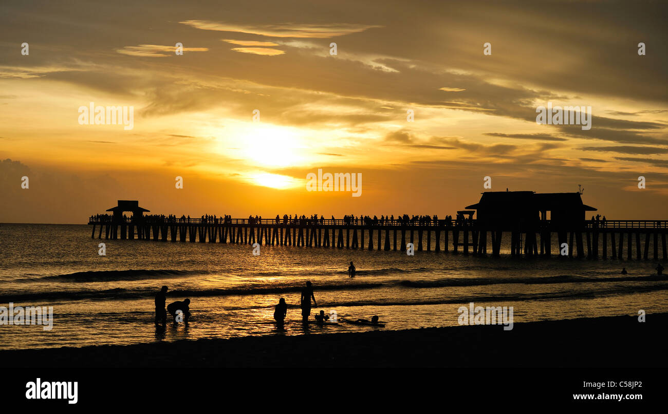 Sunset, Naples Pier, Gulf of Mexico, Naples, Florida, USA, United ...