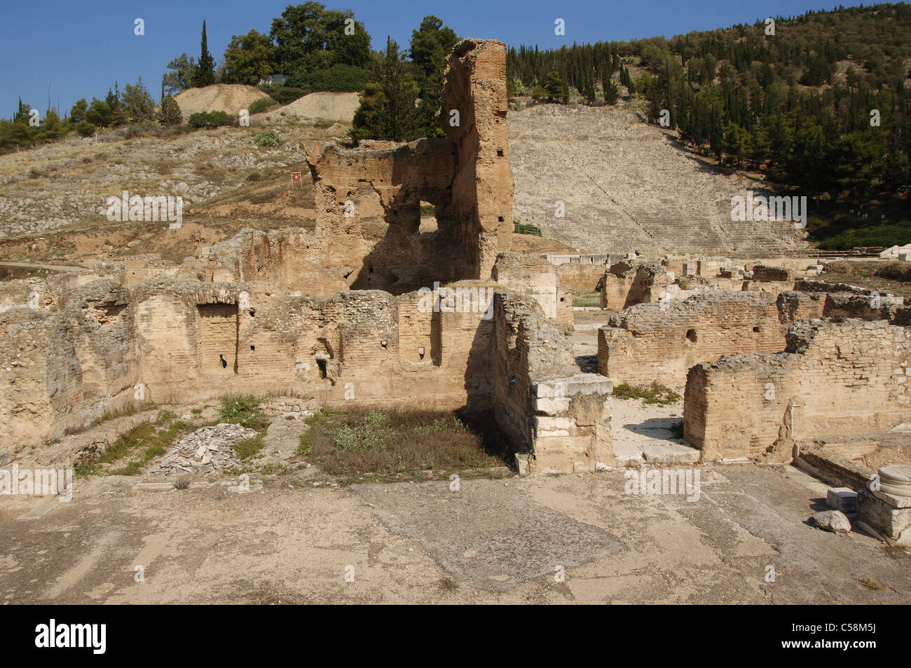 Greece. Argos. Roman Baths and Theatre, at background. Ruins ...