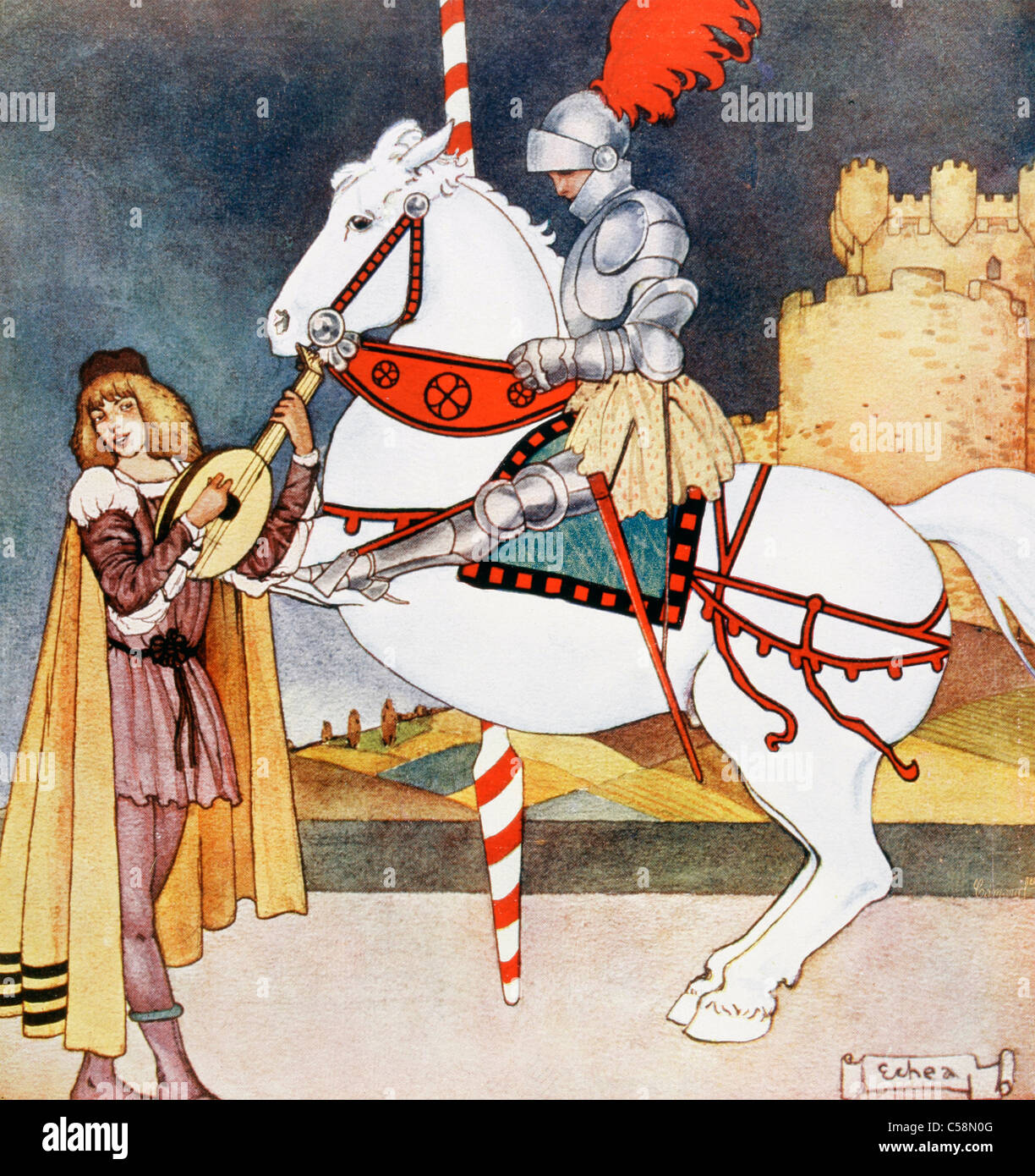 The Call to War. Knight in armour on horseback and minstrel playing a ...