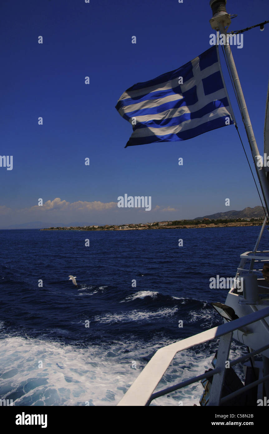 Greek flag waving on a ferry. Greece Stock Photo - Alamy