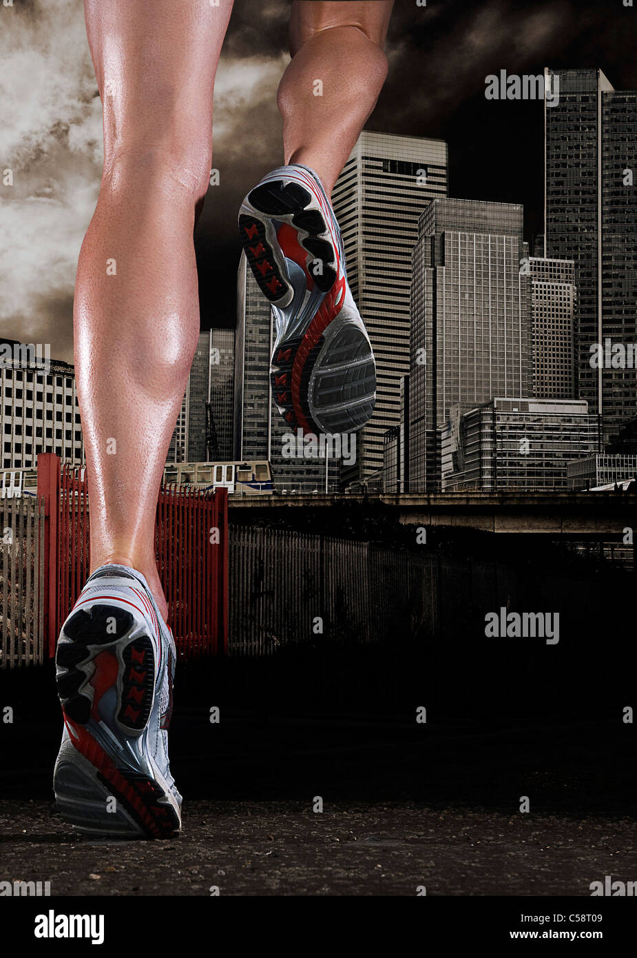 The legs of a runner in a futuristic cityscape environment Stock Photo ...