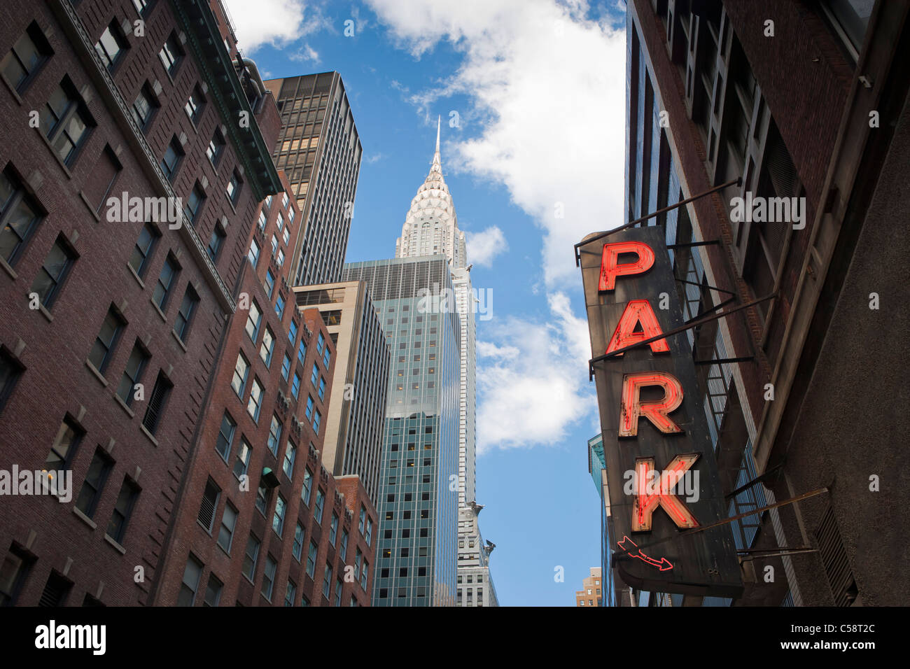 Chrysler building and parking garage sign in midtown, New York Stock ...
